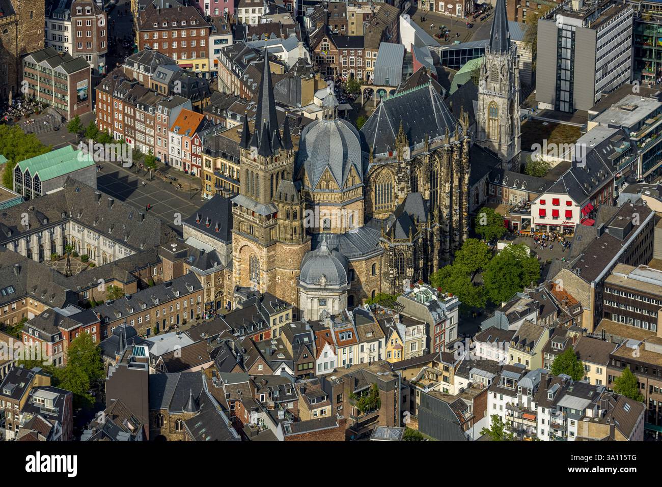 Aerial view, Aachen Cathedral with Katschhof Square in the old town of ...