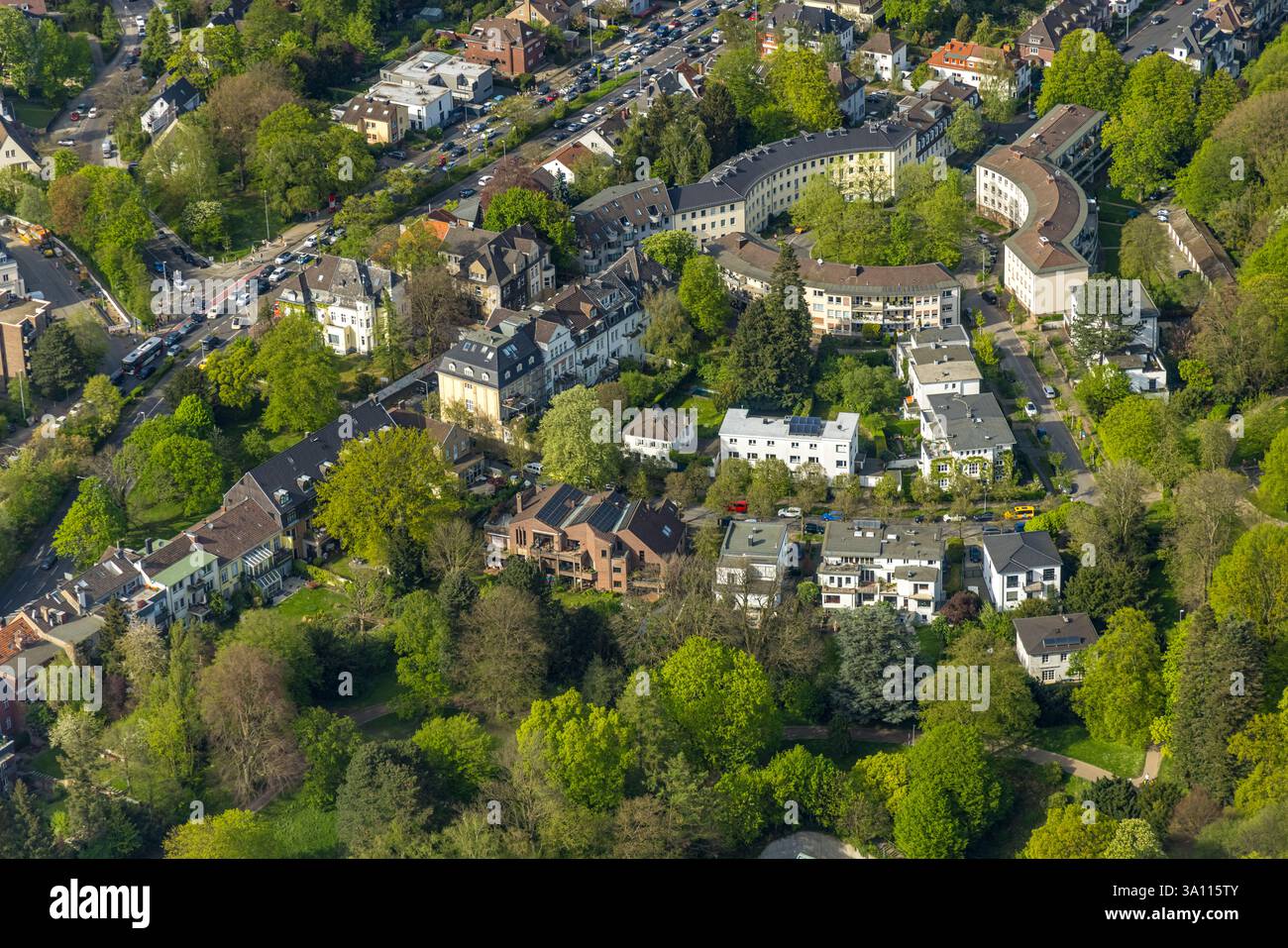 Aerial view, housing estate at the city park, Rolandplatz with circular ...