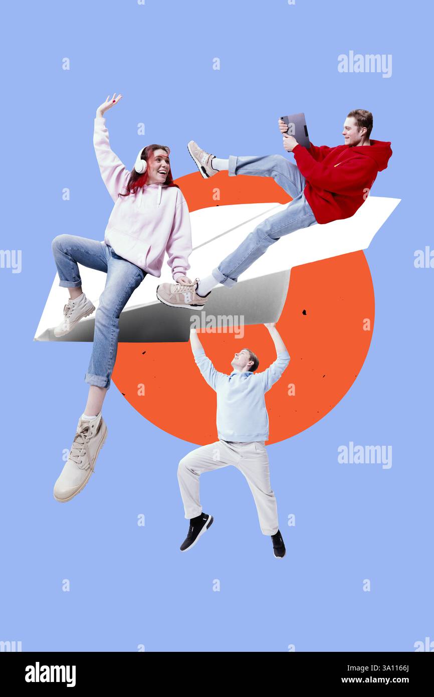 Creative art collage. Group of young people interacting around ...