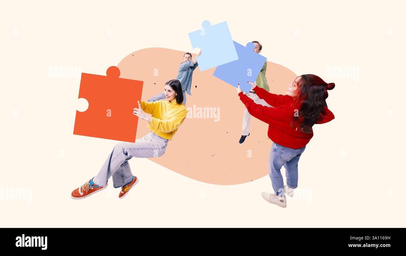 Modern artwork. Group of people holding oversized puzzle pieces, symbolizing teamwork ...