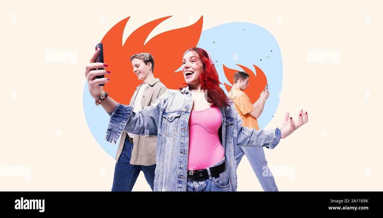 Creative art collage. Young woman excitedly taking selfie while two men ...