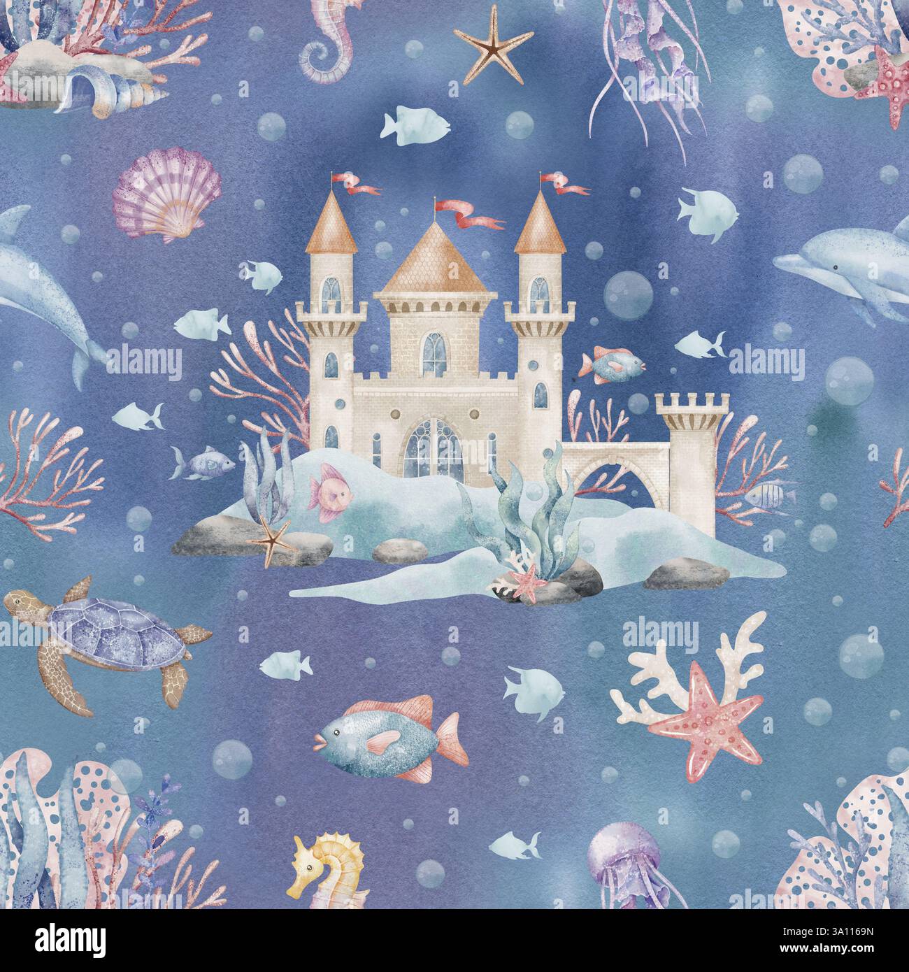 Seamless pattern with underwater Castle and seabed on watercolor dark background. Illustration ...