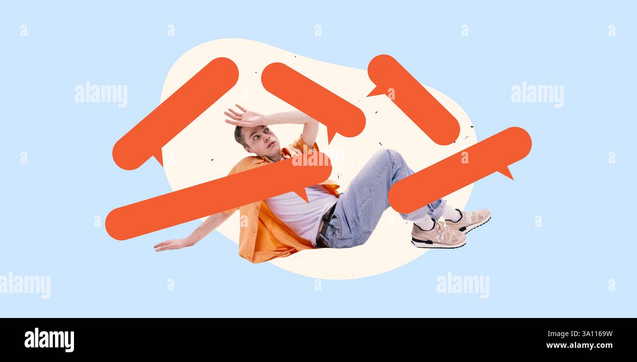 Creative art collage. Young man in casual outfit overwhelmed by ...