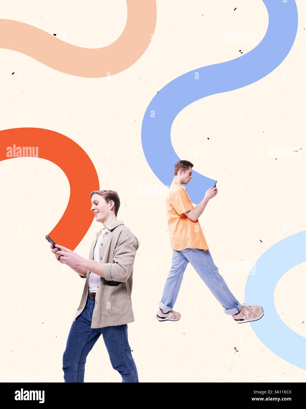 Modern artwork. Two men walking while focused on smartphones, abstract ...