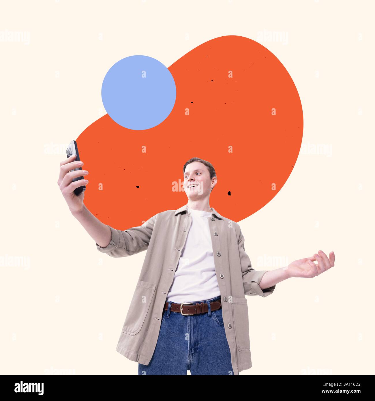 Creative art collage. Young man smiling while taking selfie, abstract ...