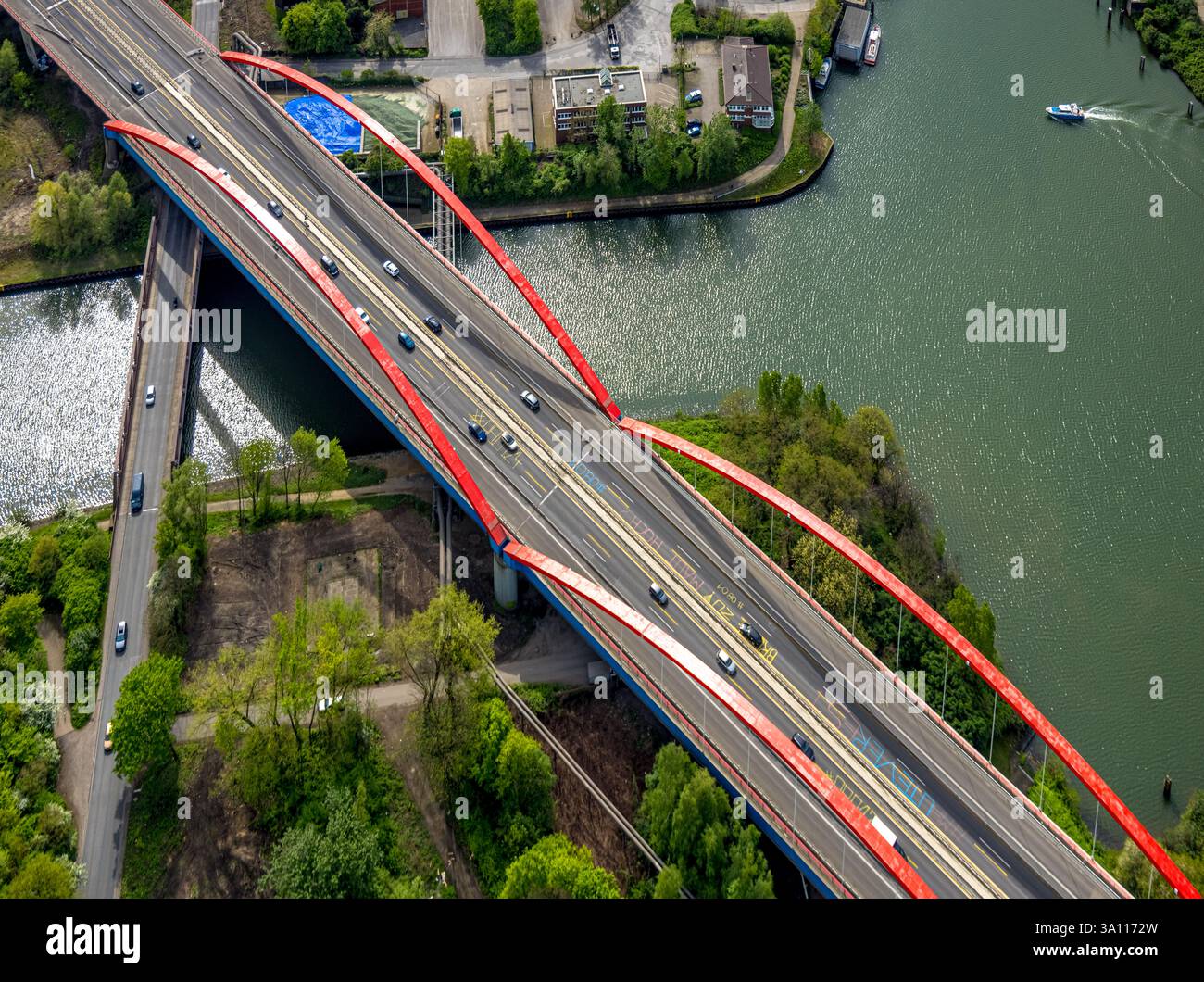 Aerial view, Essen city harbor and Rhine-Herne canal bridge with red ...