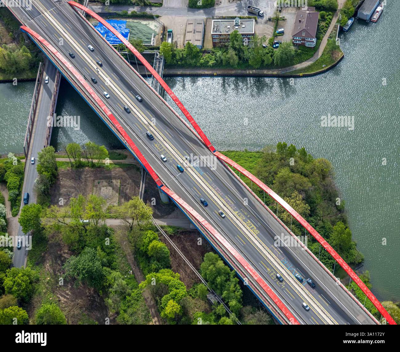 Aerial view, Essen city harbor and Rhine-Herne canal bridge with red ...