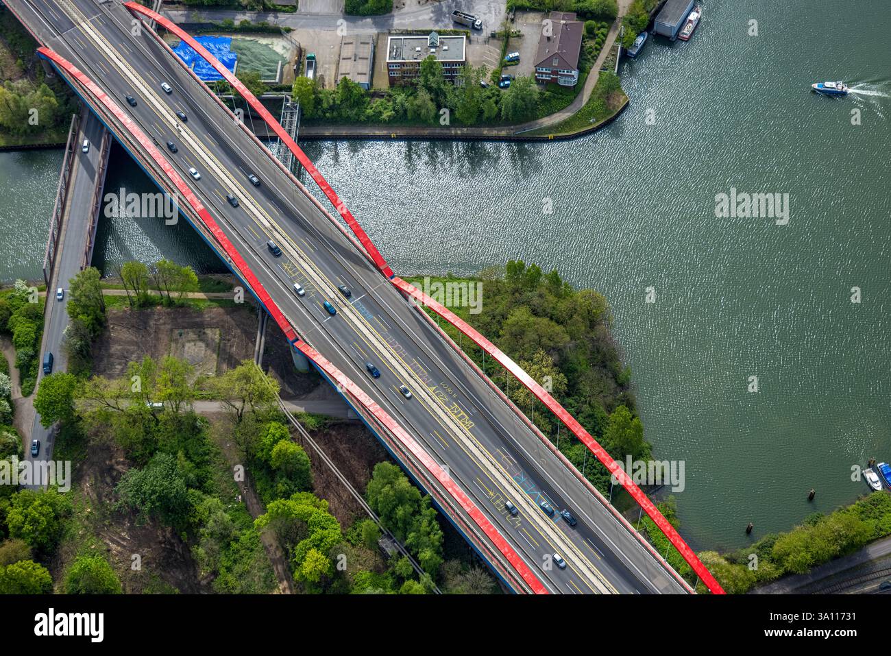 Aerial view, Essen city harbor and Rhine-Herne canal bridge with red ...