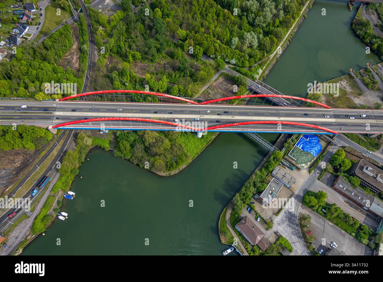 Aerial view, Essen city harbor and Rhine-Herne canal bridge with red ...