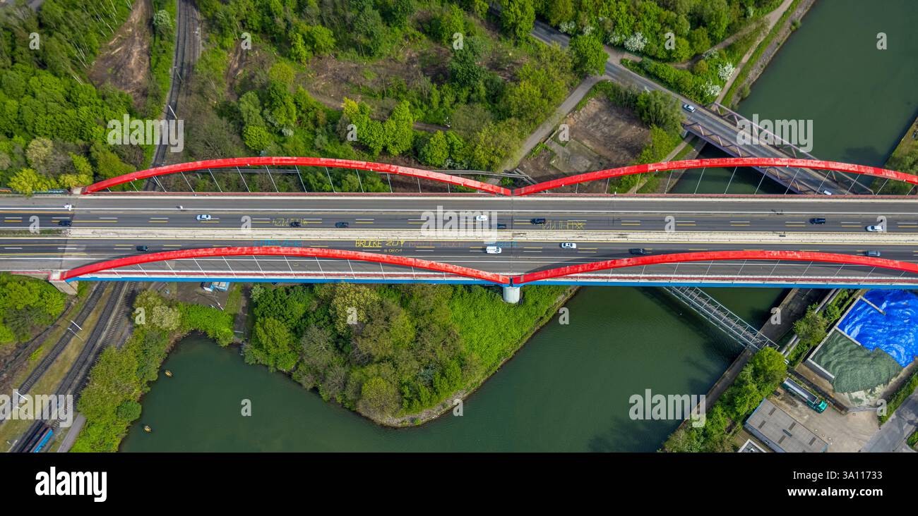Aerial view, Essen city harbor and Rhine-Herne canal bridge with red ...