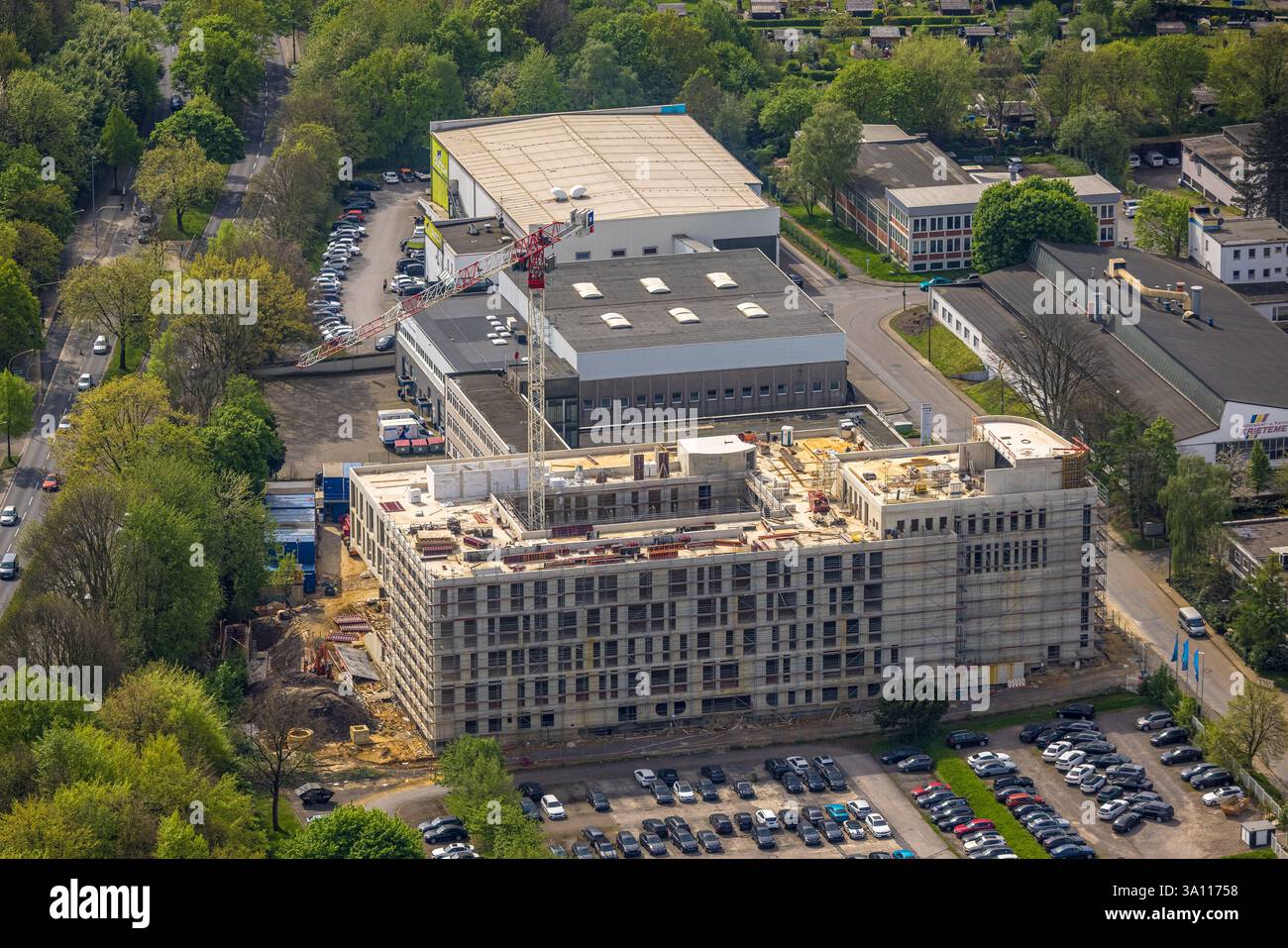 Aerial view, construction site with new sustainable administration building for the Essen FOM ...