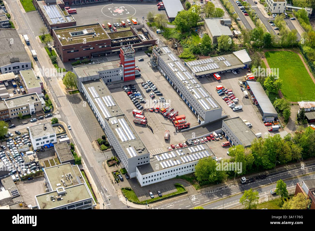 Aerial view, main fire station of the professional fire department ...