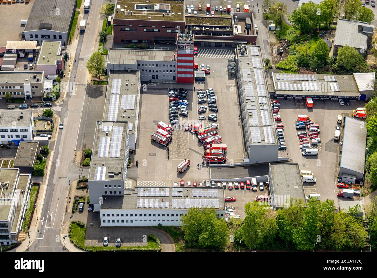 Aerial view, main fire station of the professional fire department ...