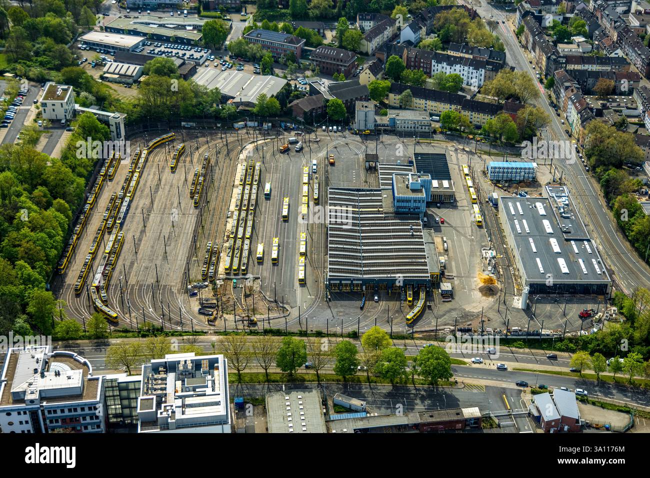 Aerial view, Ruhrbahn GmbH depot Stadtmitte, streetcar and bus depot ...