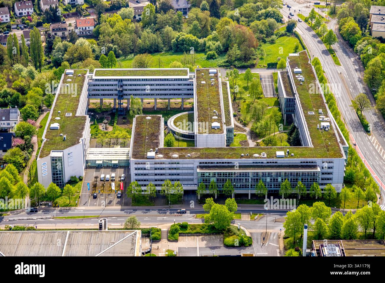 Aerial view, Bredeney office park, green space and green trees ...