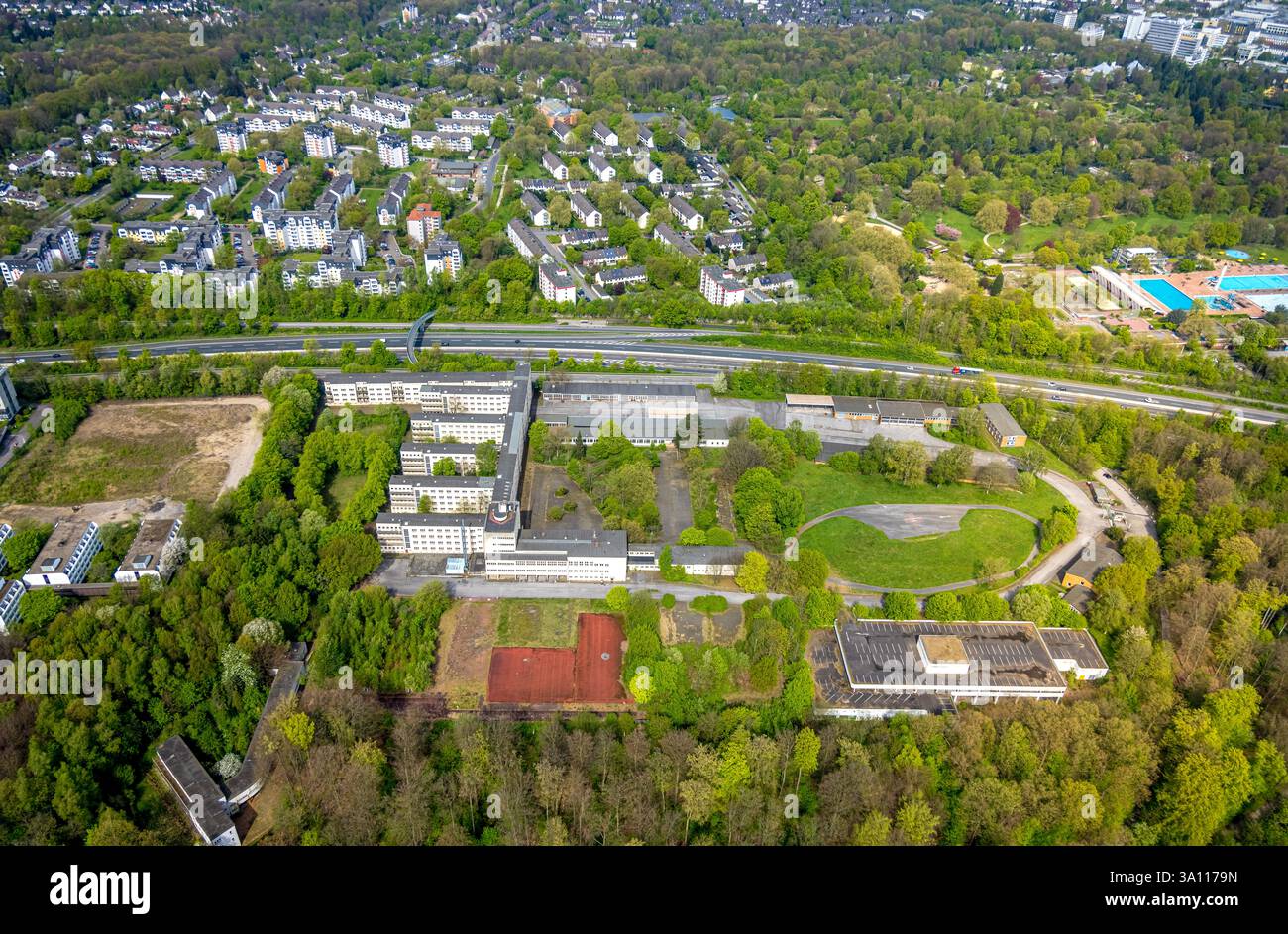 Aerial view, former police school police barracks, open meadow area at ...