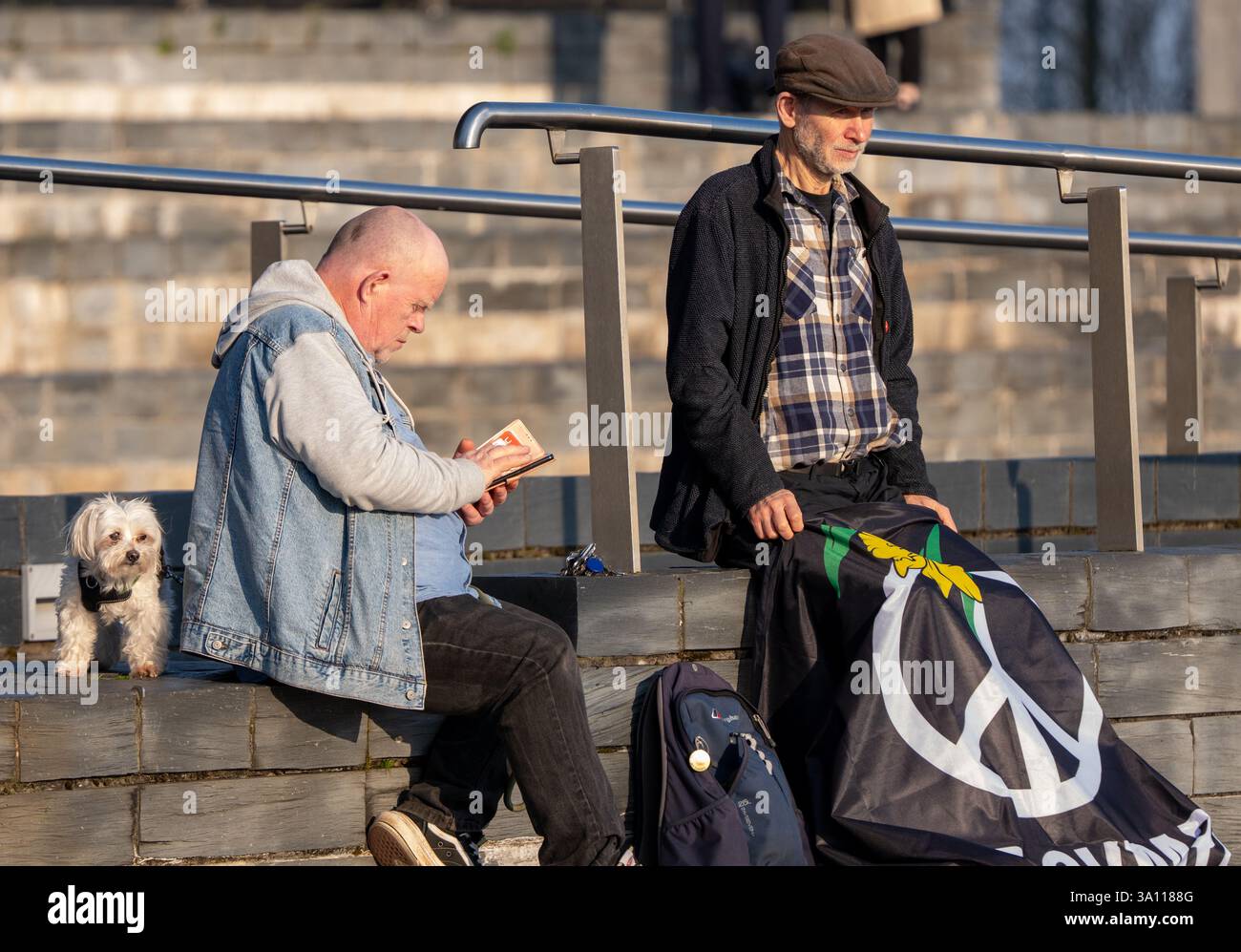Protesters at Peace action Wales on Senedd steps. PARC against DARC ...