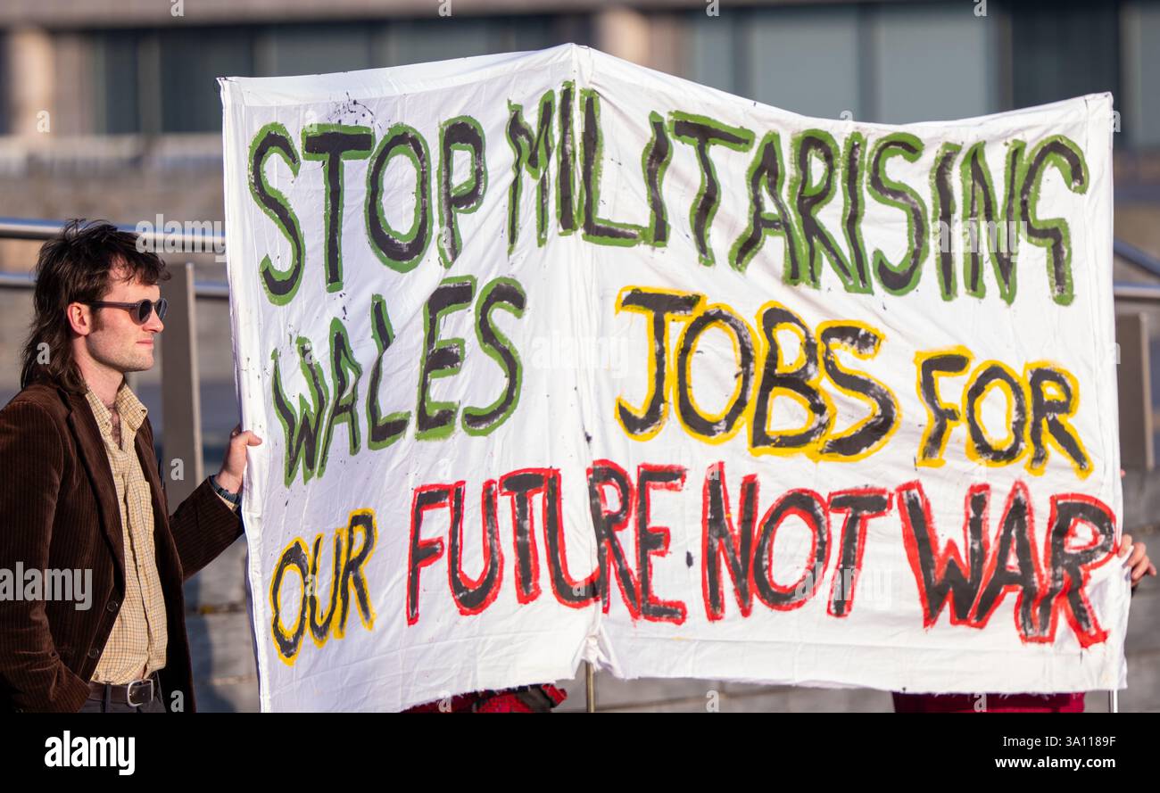 Protesters at Peace action Wales on Senedd steps. PARC against DARC ...