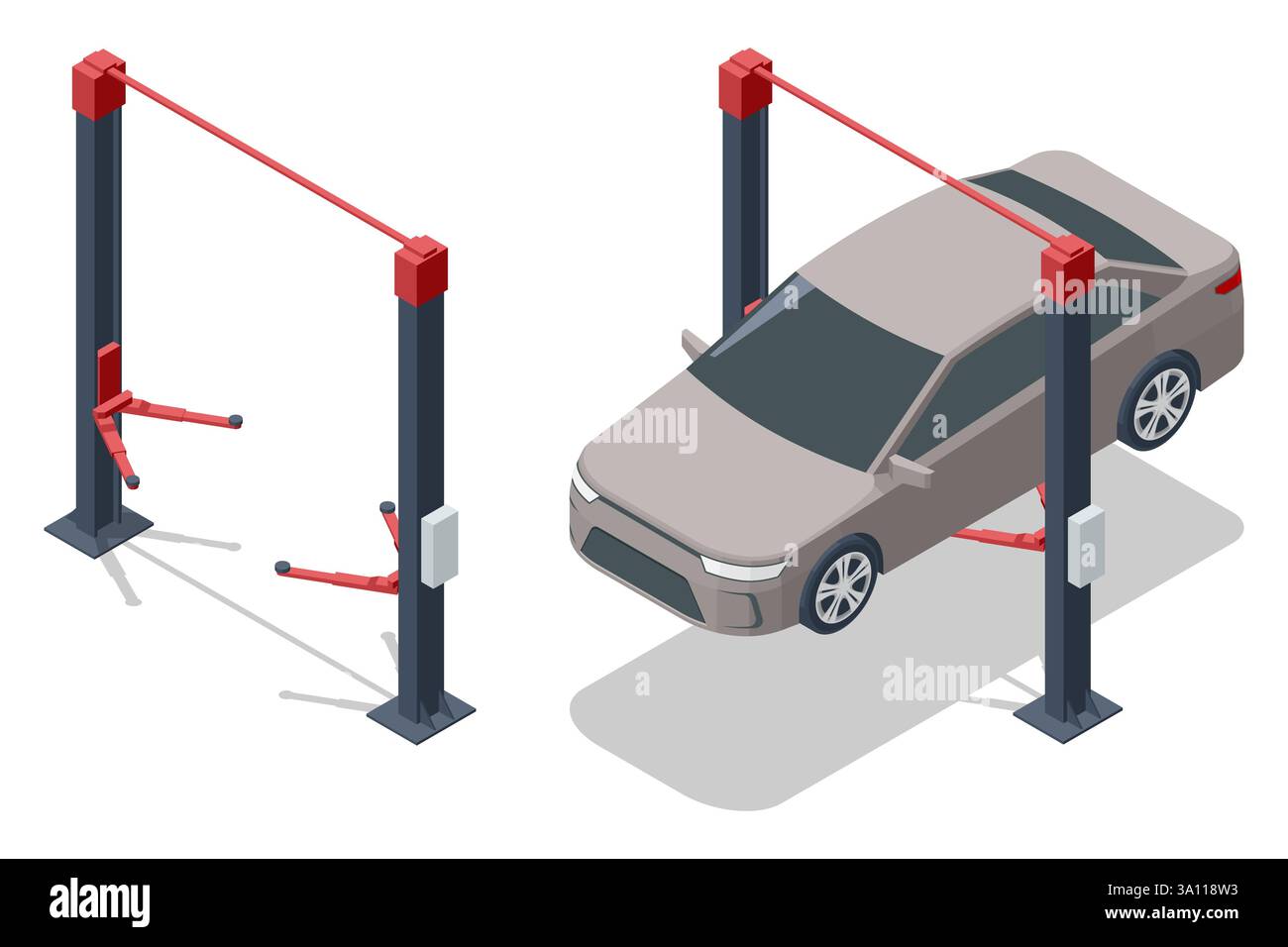 Isometric two-post car lift illustration. A gray sedan is raised by ...