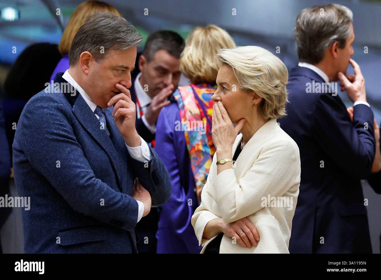 European Commission President Ursula von der Leyen, right, speaks with Belgium's Prime Minister ...