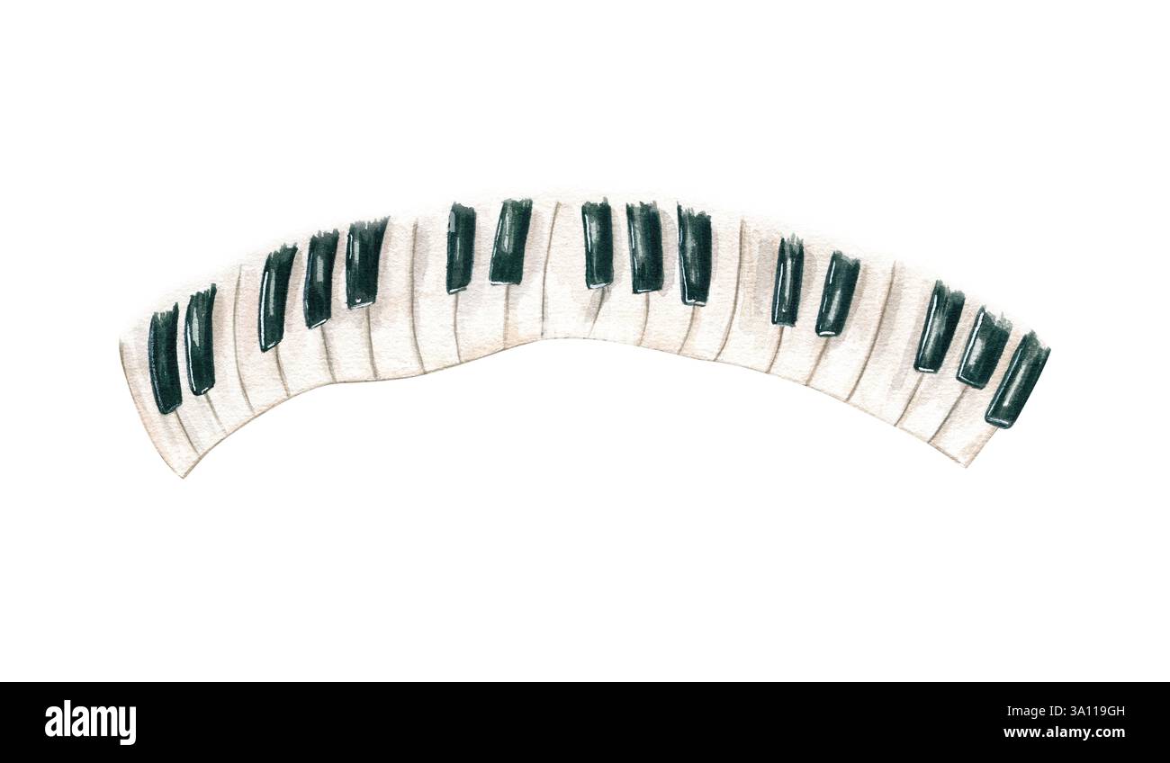 Abstract wavy piano black and white keys watercolor illustration isolated background. Musical ...