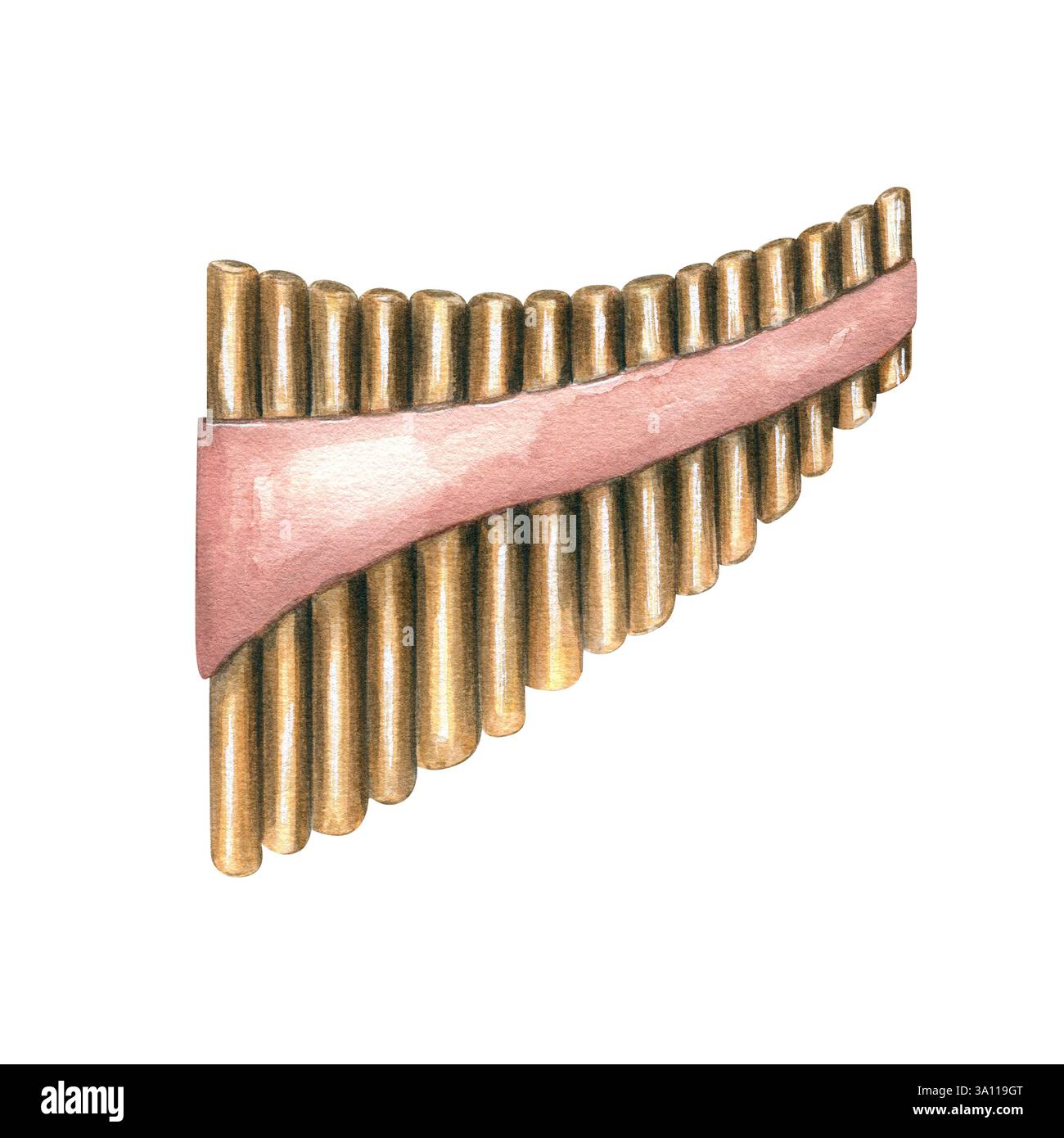 Wooden pan flute watercolor illustration isolated background. Bamboo ...