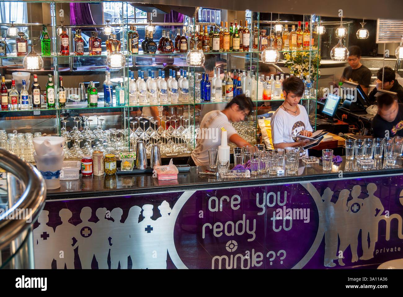 Beijing, CHINA- Interior Nightclub Lounge Bar, Mingle, Under the "La ...