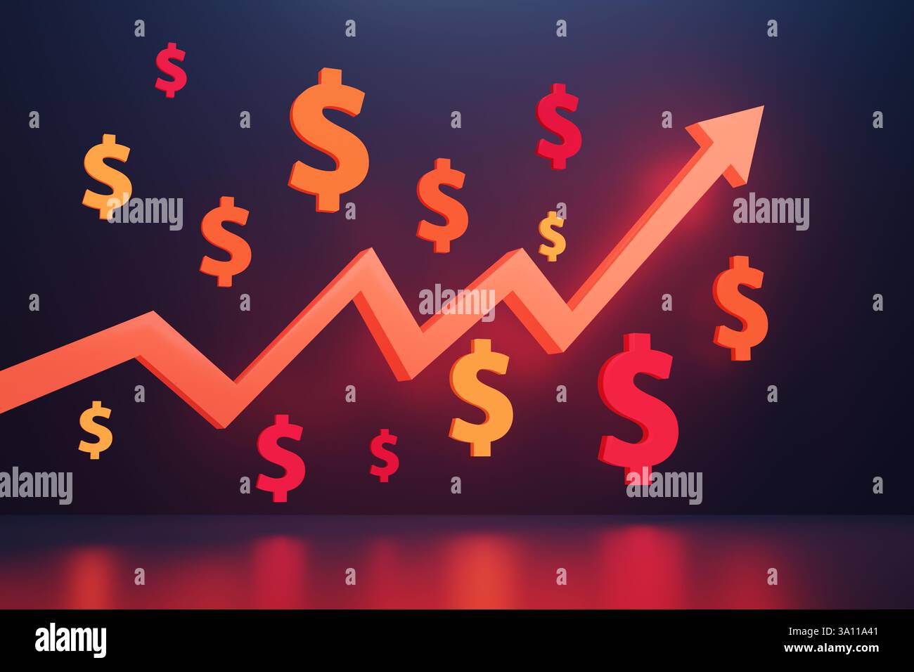 Glowing red up arrow surrounded by dollar signs in black background ...