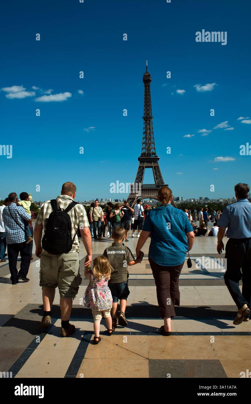 Paris, France, Street Scene, Tourist Family Walking to the Eiffel Tower ...