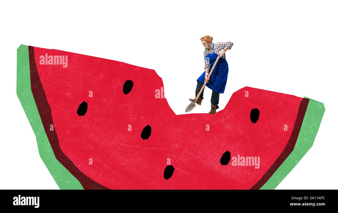 Woman in blue apron digging into giant watermelon slice with gardening ...