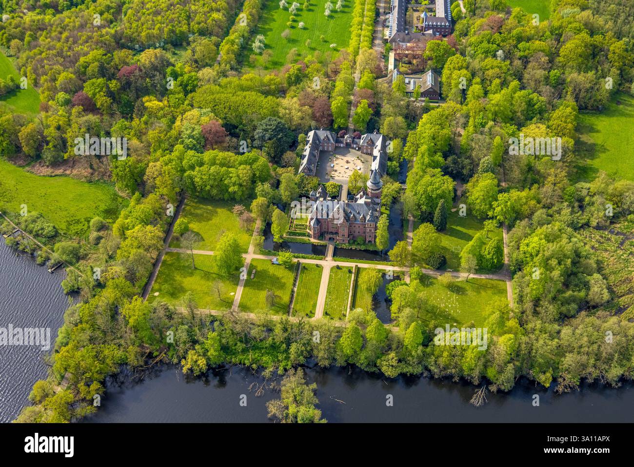 Aerial view, Krickenbeck Castle, nature reserve surrounded by lakes and ...