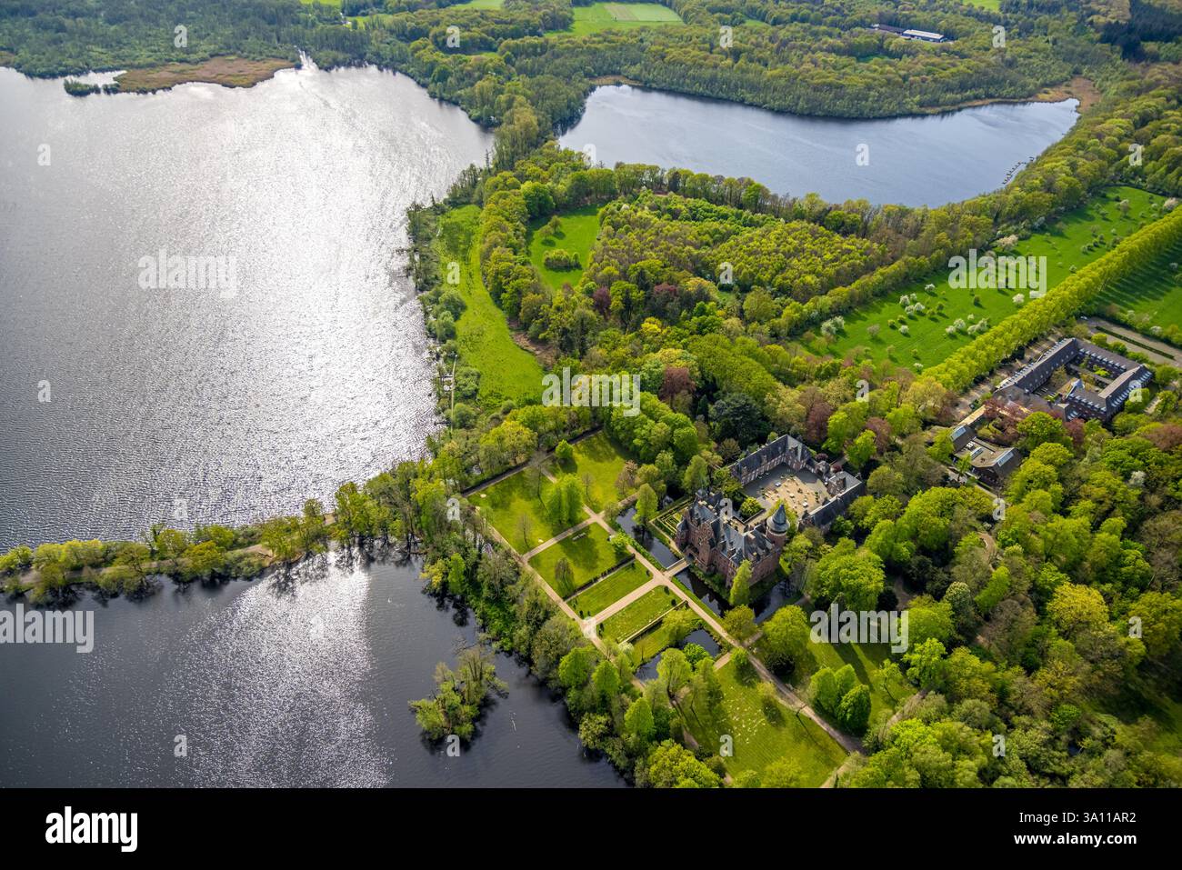 Aerial view, Krickenbeck Castle at the Krickenbeck Lakes, nature ...