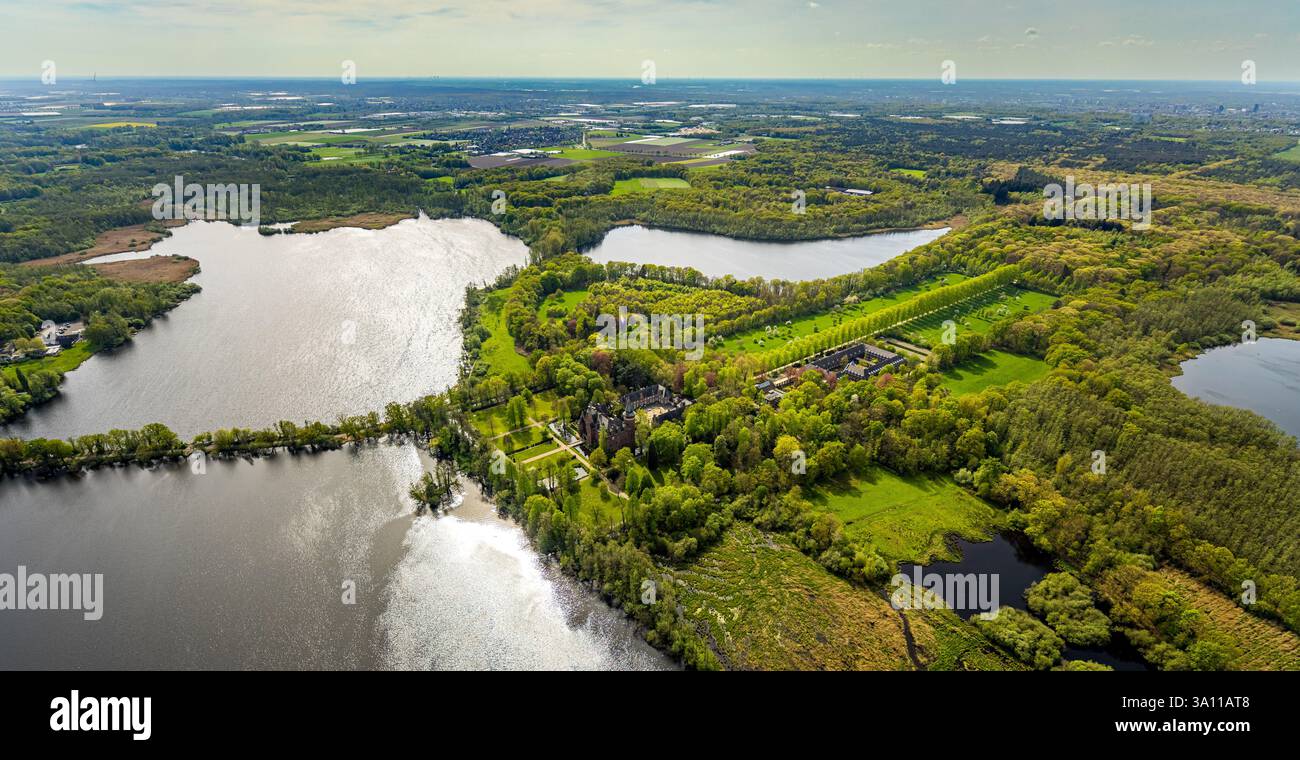 Aerial view, Krickenbeck Castle at the Krickenbeck Lakes, nature ...
