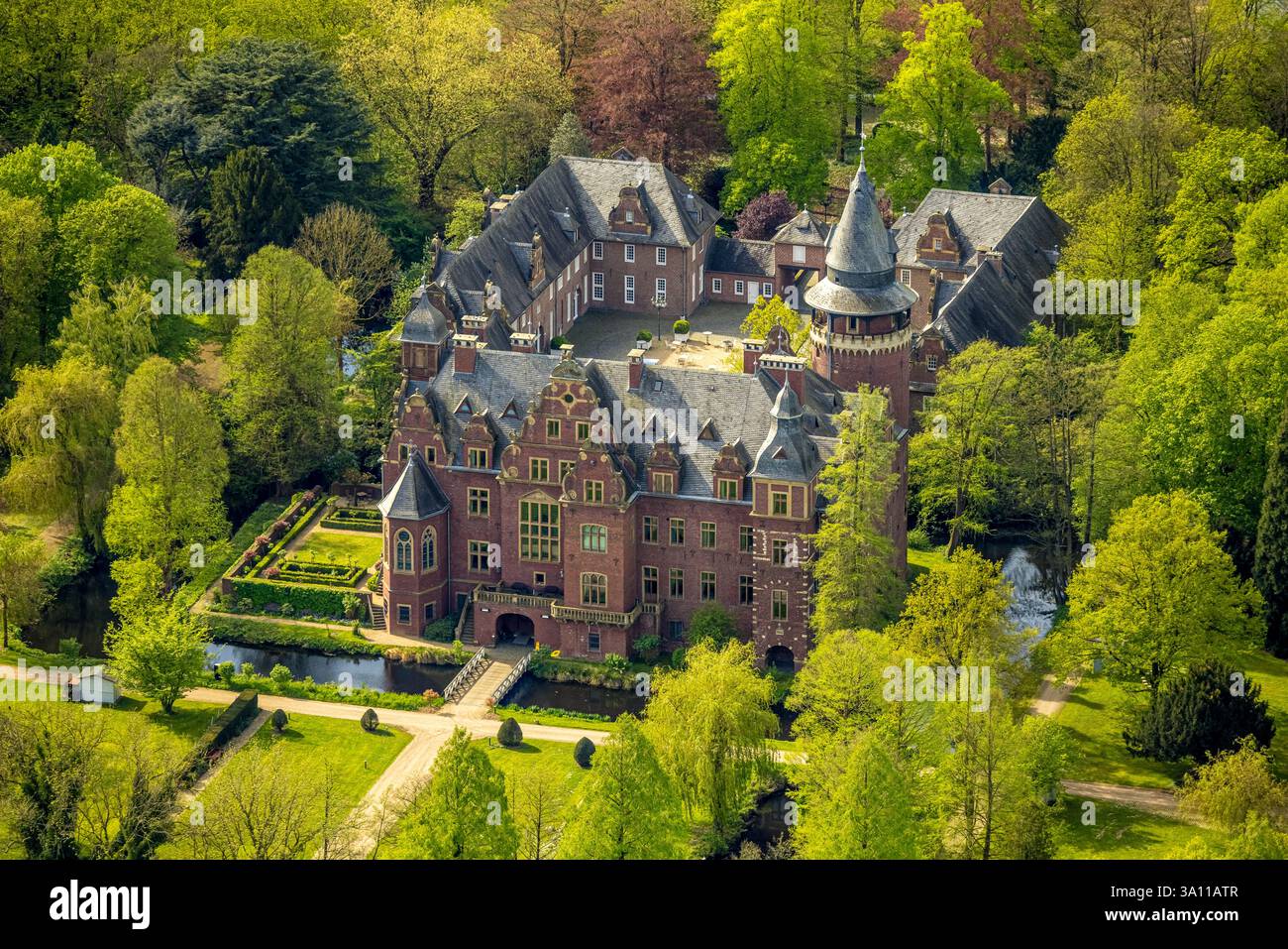 Aerial view, Krickenbeck Castle, nature reserve surrounded by lakes and ...