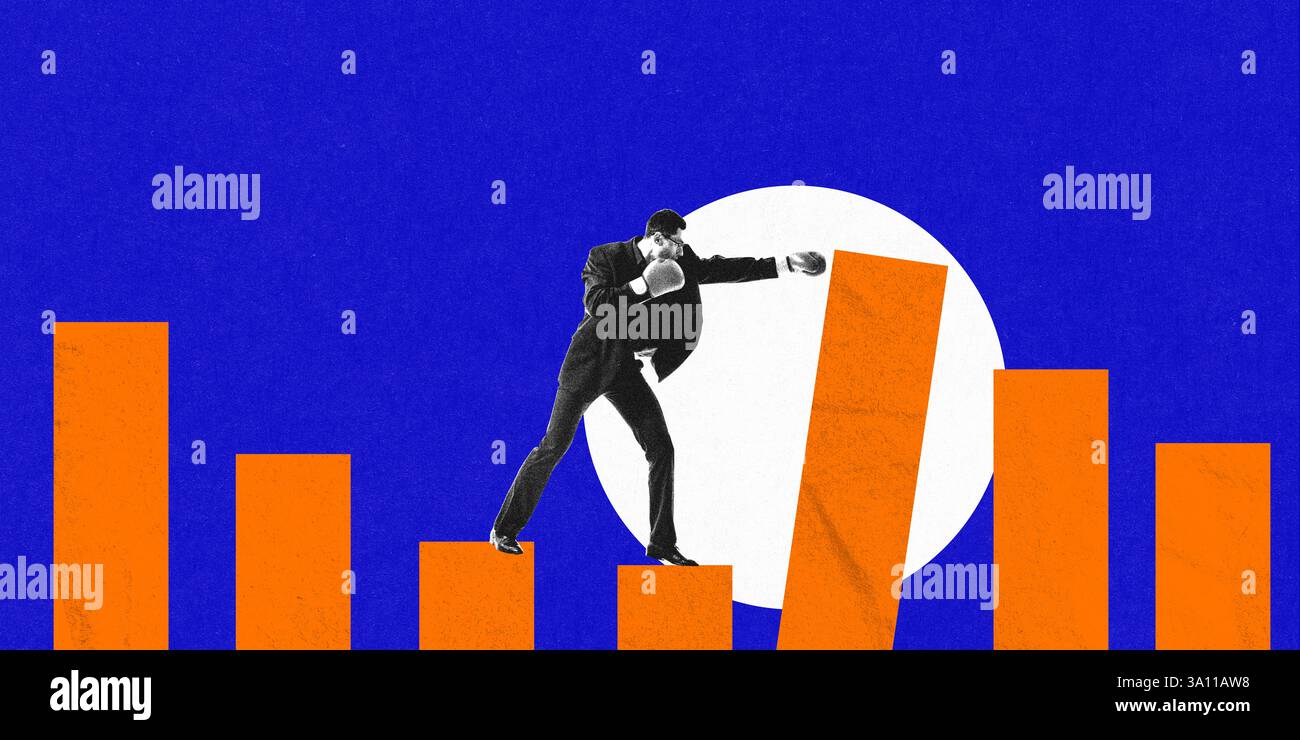 Creative art collage. Businessman in boxing gloves standing on ...