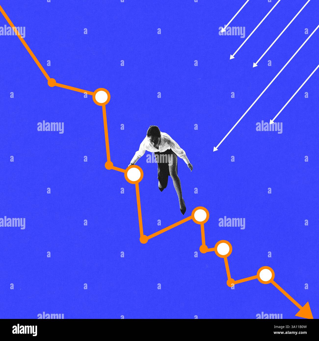 Creative art collage. Businesswoman climbing downward-trending ...