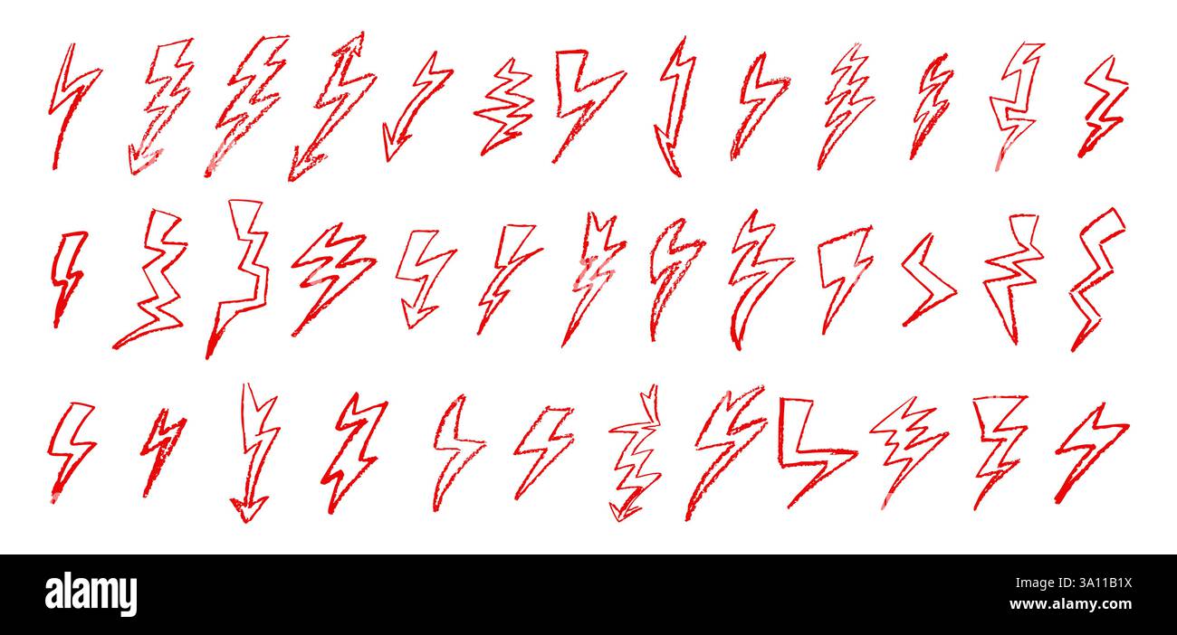 Set of lightning by wax pencil drawing. Collection of handdrawing chalk ...