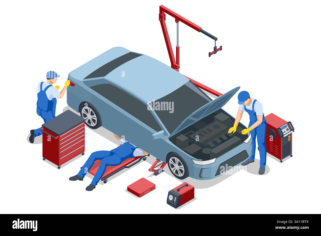 Three isometric mechanics service a car with hood open, using a red ...