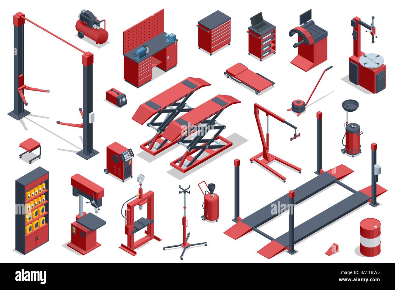 Comprehensive isometric auto workshop set. Includes two-post lift ...