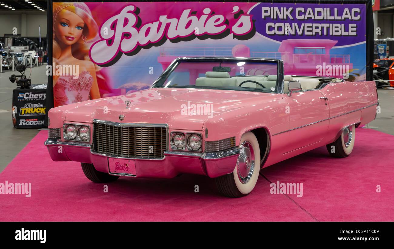 DETROIT, MI/USA - February 28, 2025: Barbie doll themed 1970 pink ...