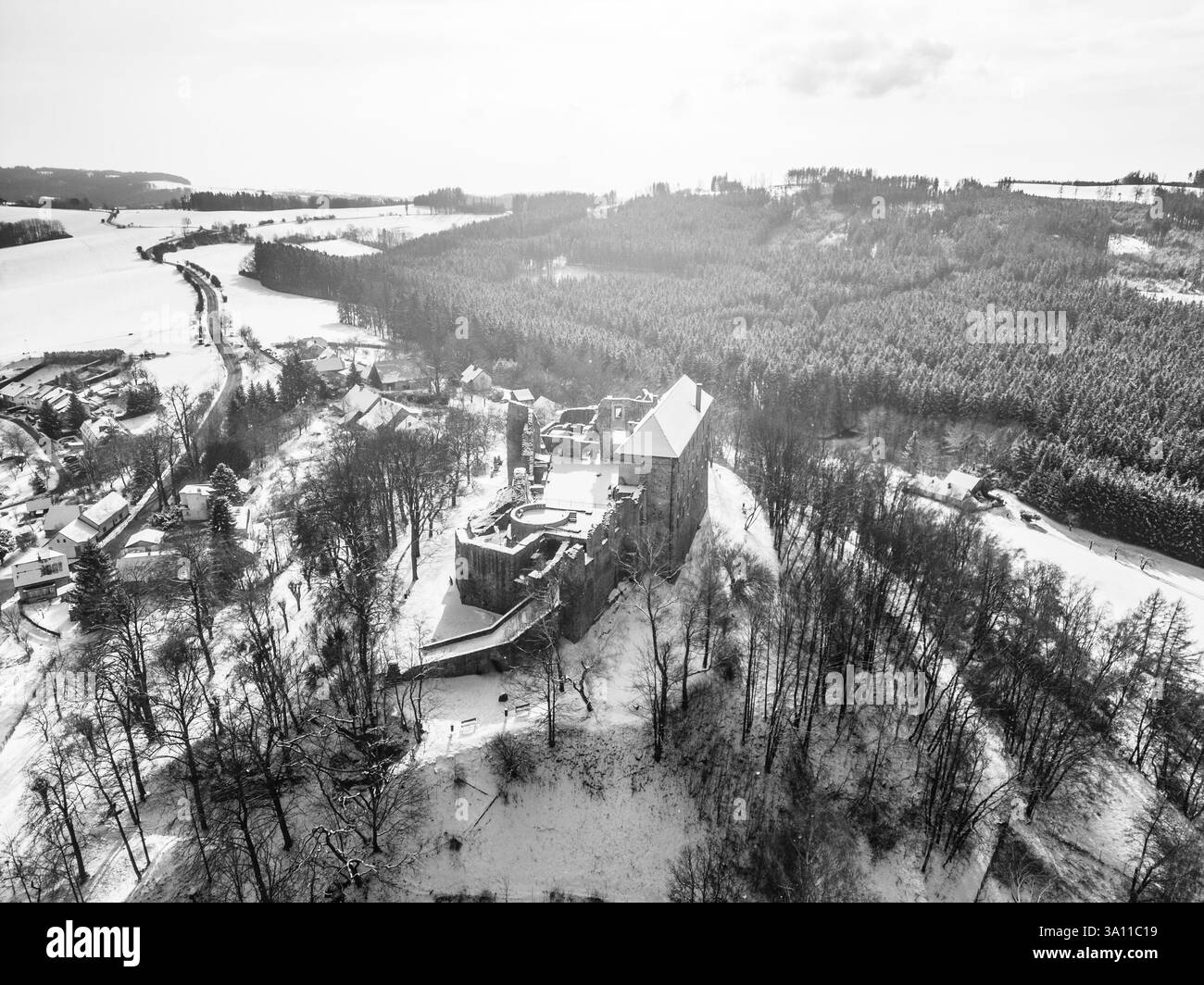 Pecka medieval castle stands majestic in a winter landscape, surrounded ...