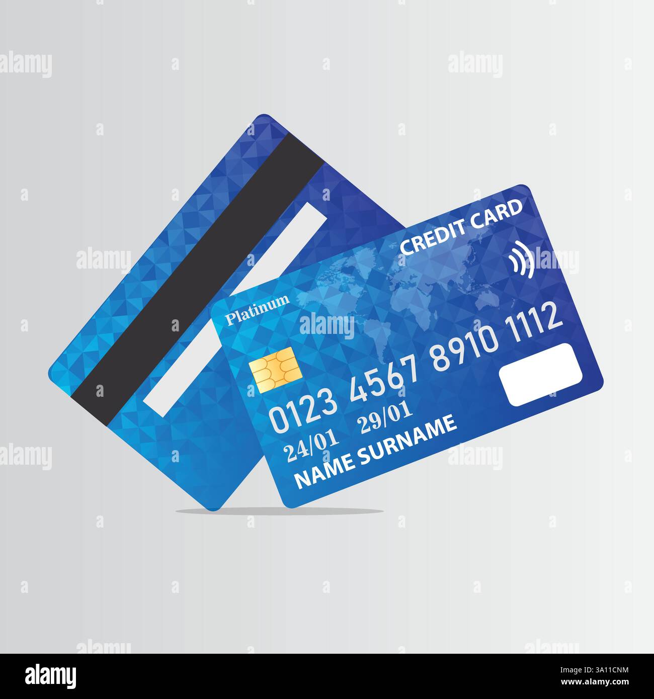This illustration showcases both side of a credit card, emphasizing a ...