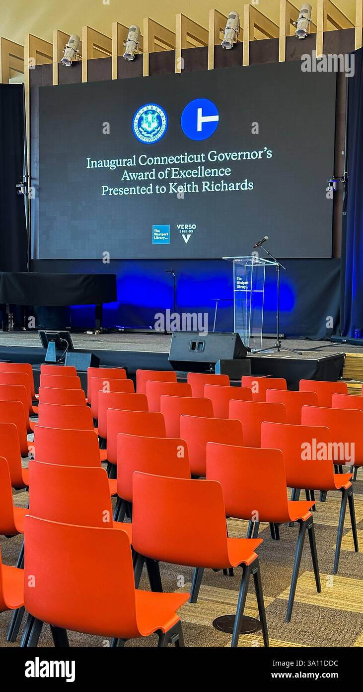 WESTPORT, CT, USA - MARCH 5, 2025: A ceremony stage is prepared for the ...
