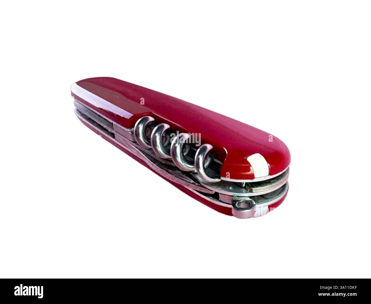 A classic red multi-tool, closed, showing a glossy finish and various ...