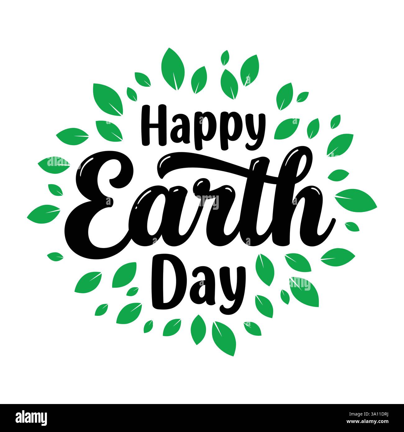 Happy Earth Day hand lettering vector illustration with leaves on white ...