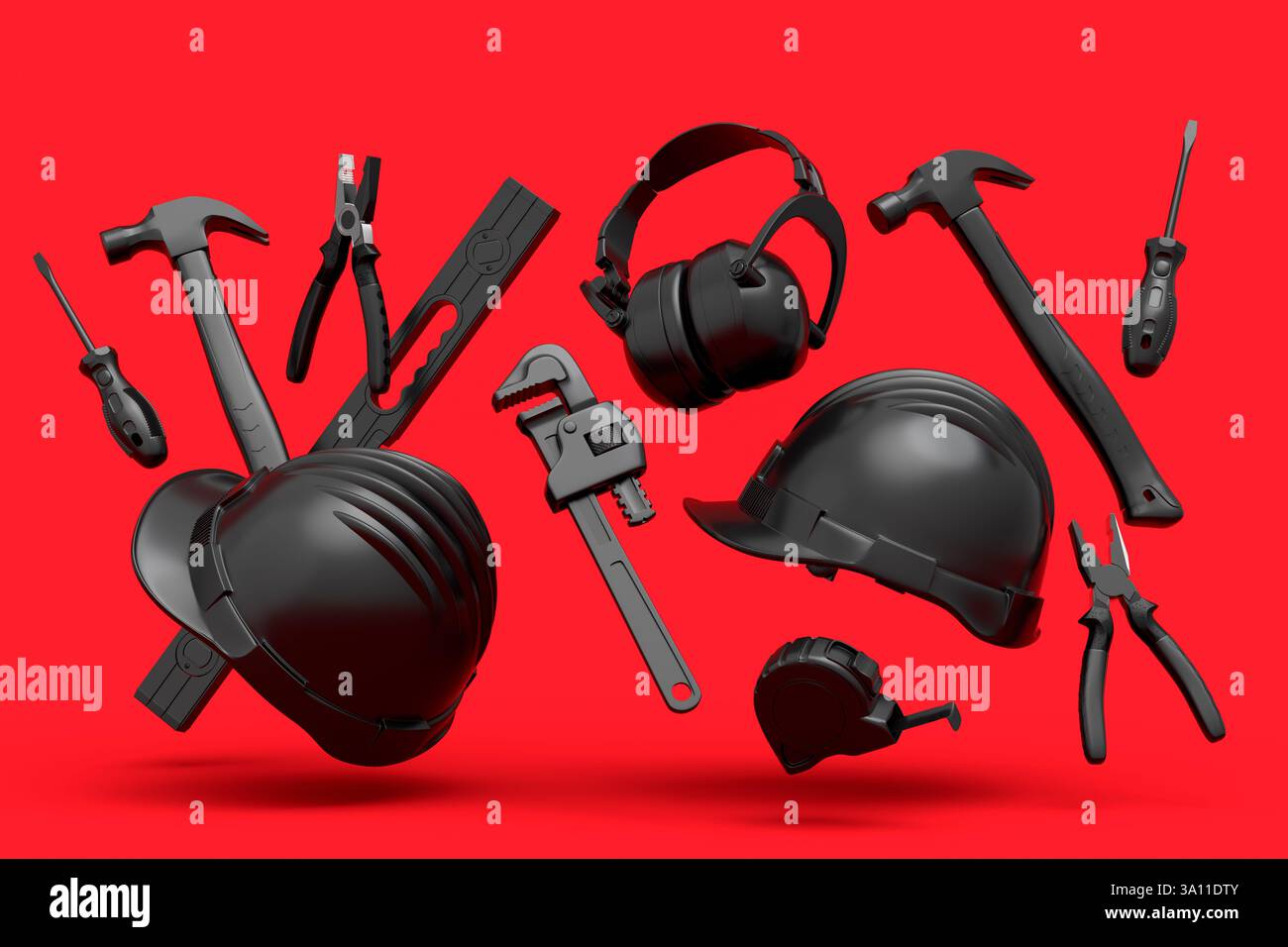 Flying view of monochrome construction tools for repair and ...