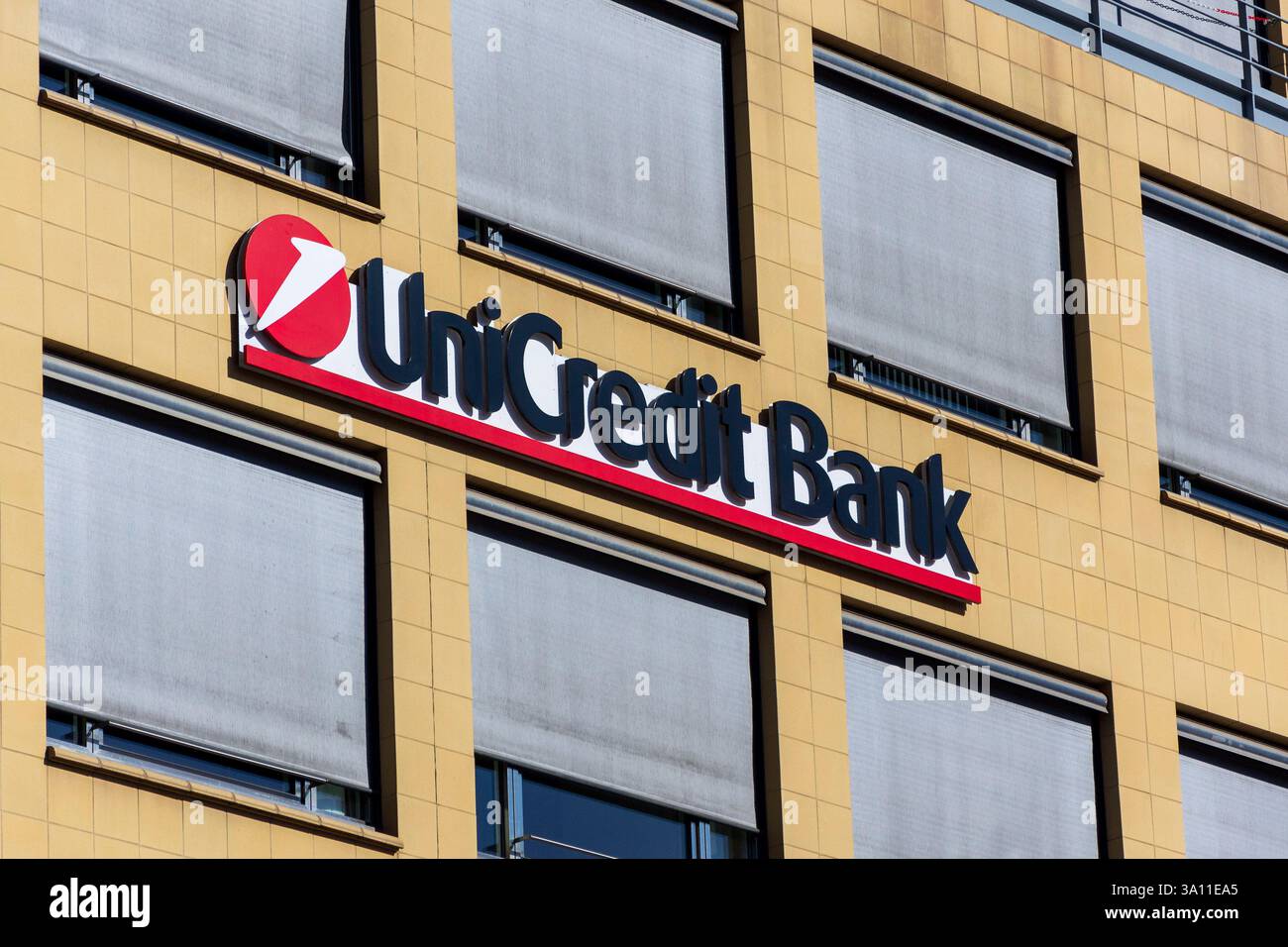 UniCredit Group banking company logo on headquarters building on March ...