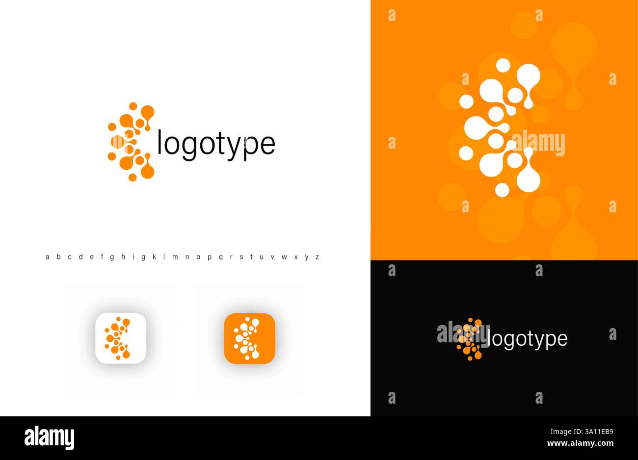 Abstract semi circle, molecular logo with dynamic fluid dots ...