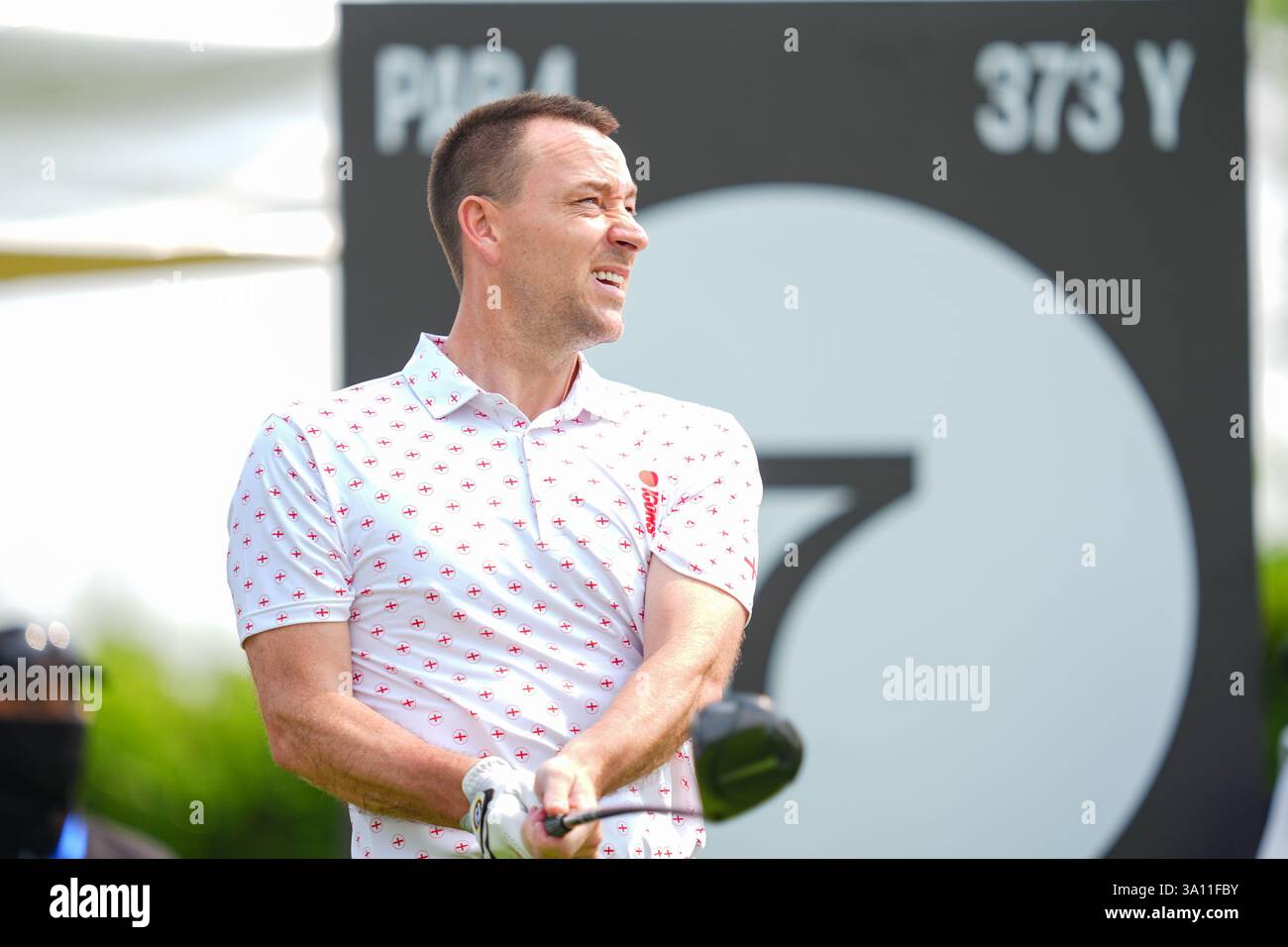 John Terry hits a tee shot during his fourballs Match on Day One of the ...