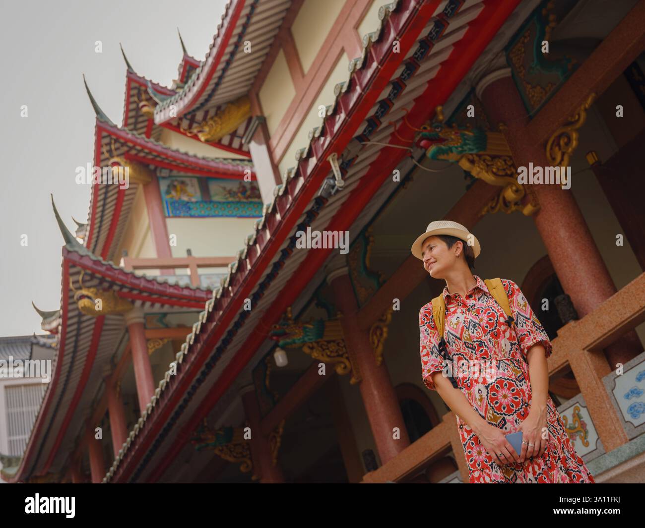 Woman Exploring Colorful Streets Near Buddhist Temples in Bangkok ...